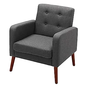 Furniliving Mid Century Modern Arm Chair, Button-Tufted Upholstered Accent Chairs for Bedrooms Living Room Chair with Solid Wood Legs Linen Fabric Comfy Lounge Chair, Dark Grey