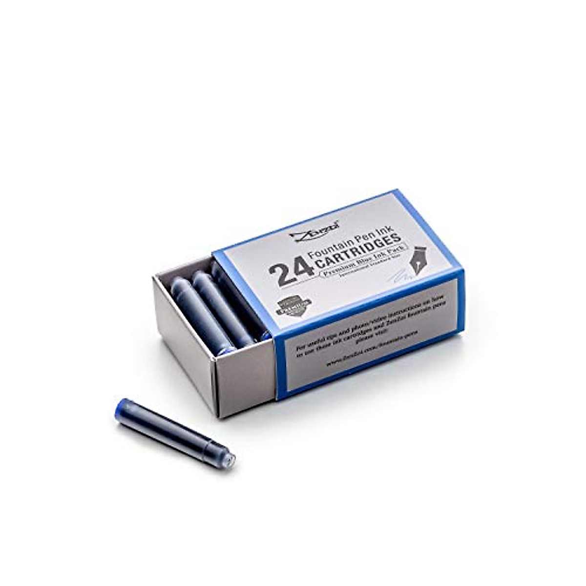 ZenZoi Fountain Pen Ink Cartridge Refills- 24 Bulk Premium Blue Case- Professional Grade, International Size, Non-Toxic Ink- Smooth, Blotch-Free Writing for Luxury Pens – German Nibs (Blue)