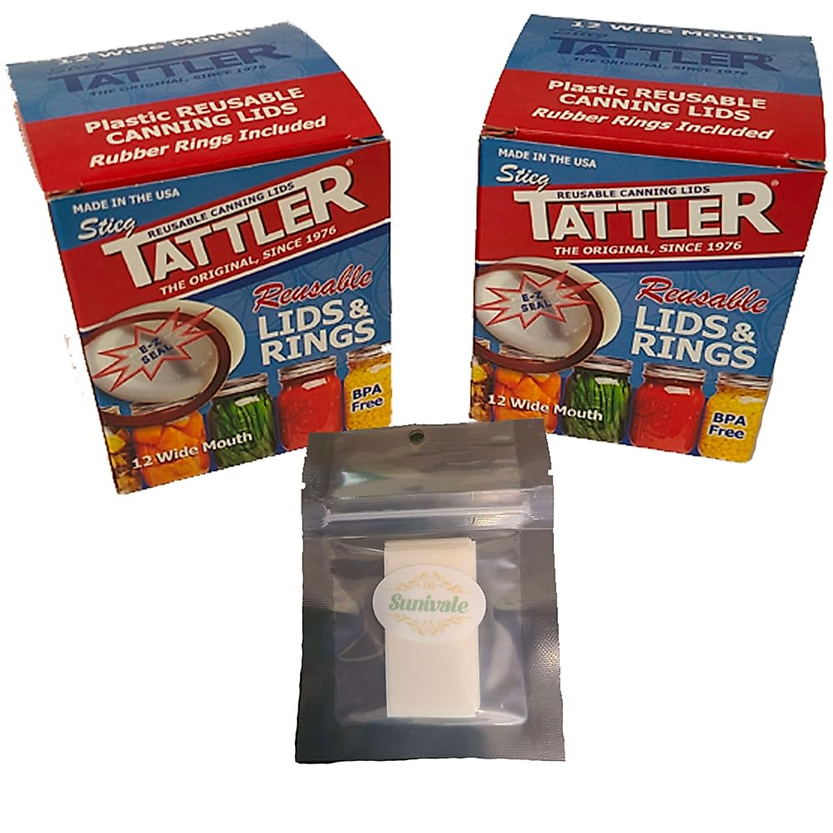 Reusable Canning Lids Bundle Includes 24 Wide Mouth Tattler Lids and Rings and 24 Dissolvable Sunivale Jar Labels For Use With Hot Water Bath, Vacuum Sealer and Pressure Canning Methods Made in USA