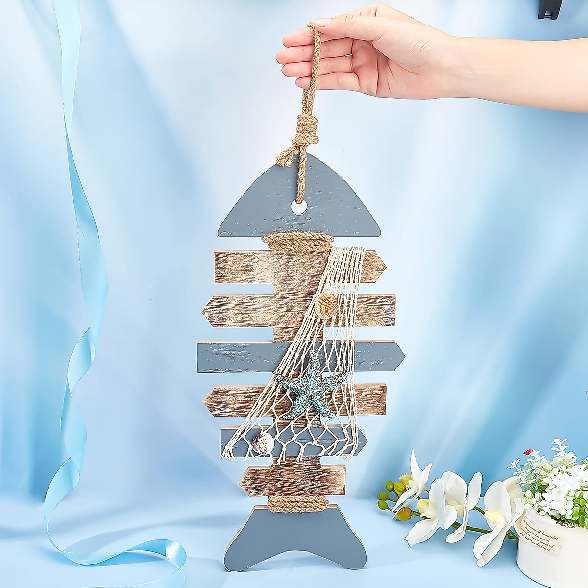 PH PandaHall 50cm/19 Inch Wooden Fish Wall Decor Beach Theme Home Decor Nautical Decoration Fish Bone Wall Decor with Starfish and Shells for Home Holiday House Garden Office Hotel Party, 1pc