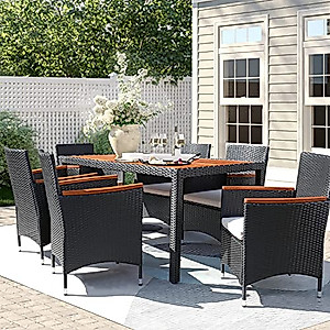 Flamaker 7 Piece Patio Dining Set Outdoor Acacia Wood Table and Chairs with Soft Cushions Wicker Patio Furniture for Deck, Backyard, Garden