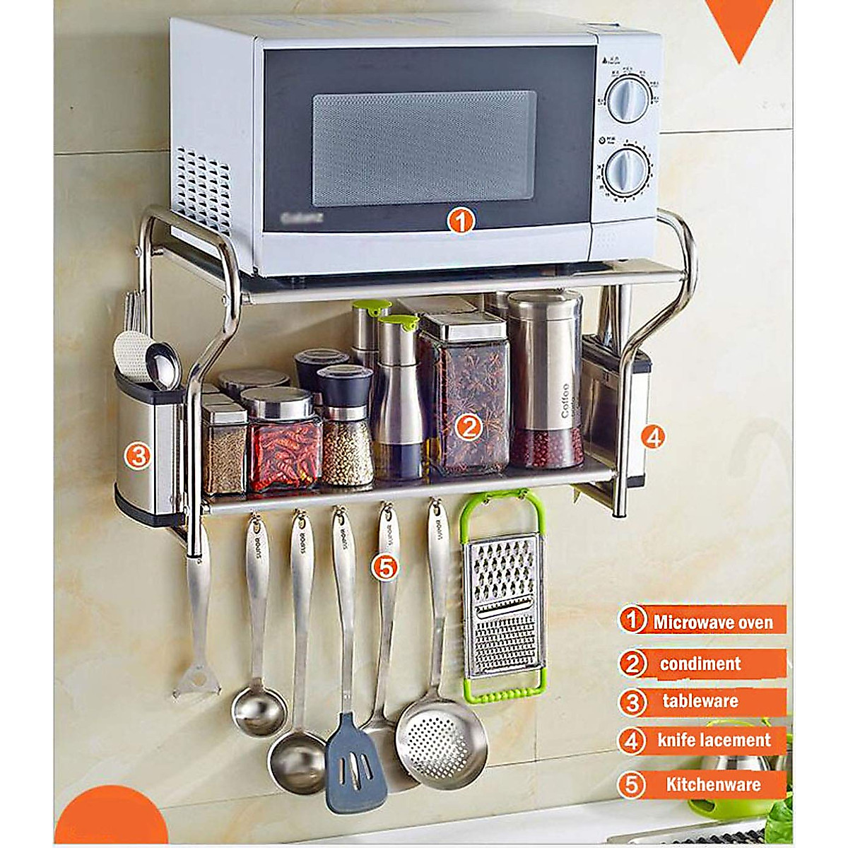 INTBUYING 2 Layer Microwave Oven Wall Mount Shelf Stainless Steel Kitchen Storage Organization with Removable Hooks