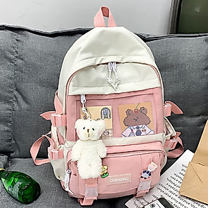 KOWVOWZ Kawaii Backpack with Pins Cute Aesthetic Plush Pendant for Girl Back to School Bag (Pink)