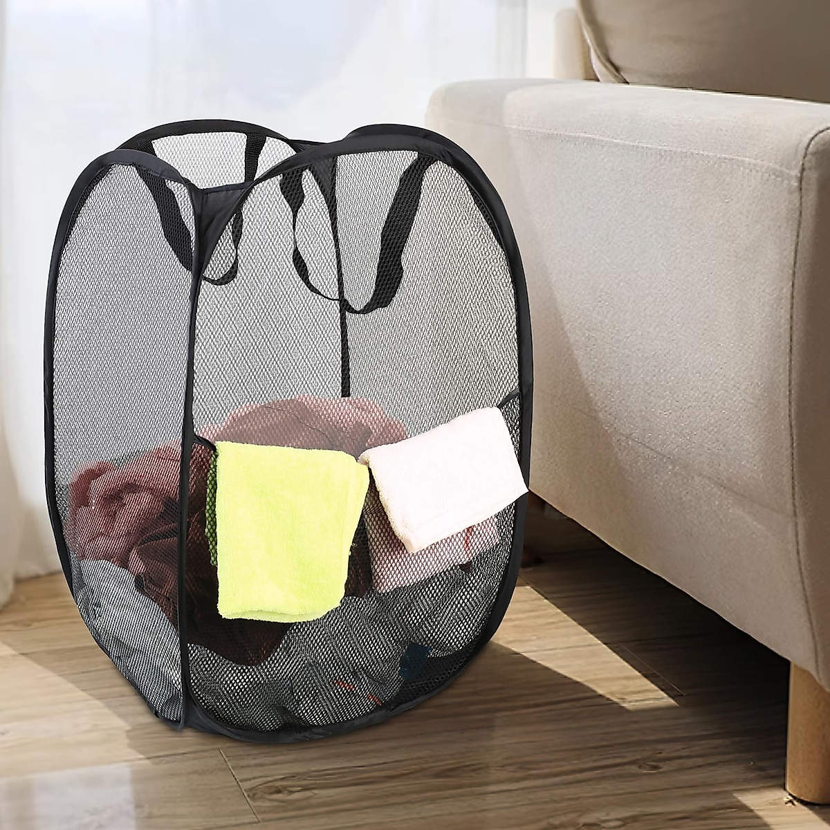Zxglxinyao Mesh Pop up Laundry Hamper, 2 Pcs Folding Mesh Popup Laundry Hamper Basket, Foldable Mesh Laundry Basket, Collapsible Laundry Hamper Basket with Handles for Travel, College Dorms, Rooms