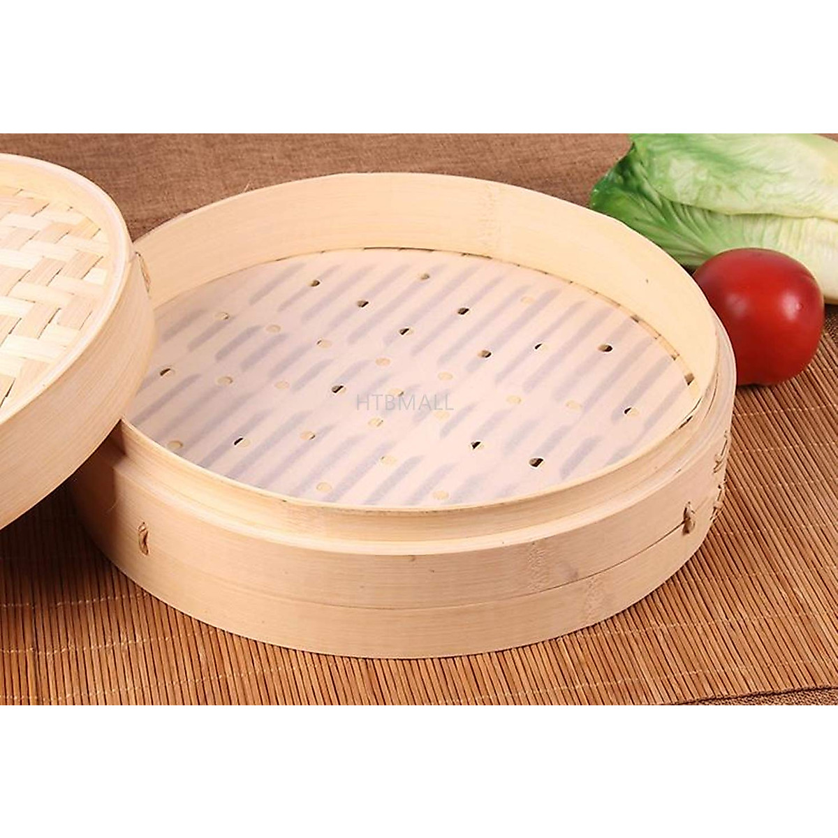 100pcs Air Fryer Liners, 10 inches Bamboo Steamer Liners, Premium Perforated Parchment Steaming Papers, Non-stick Steamer Mat