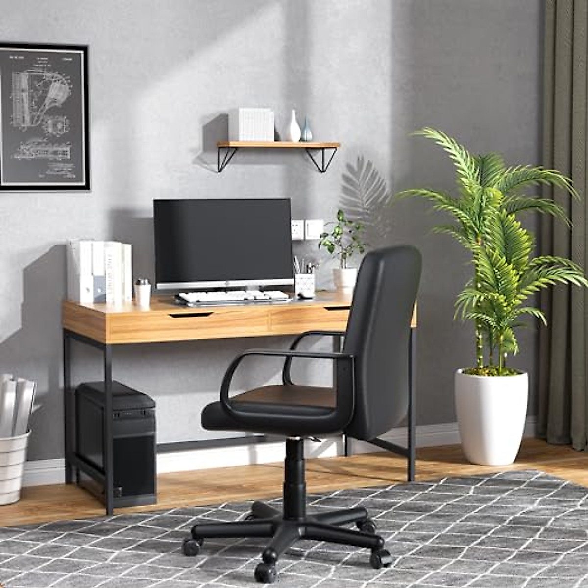 VECELO Executive Office Adjustable Height Casual Desk Chair with Armrests PU Leather Mid-Back 360 Degree Swivel with Wheels, Suit for Study, Work, Makeup, Leisure, Black, Set of 1