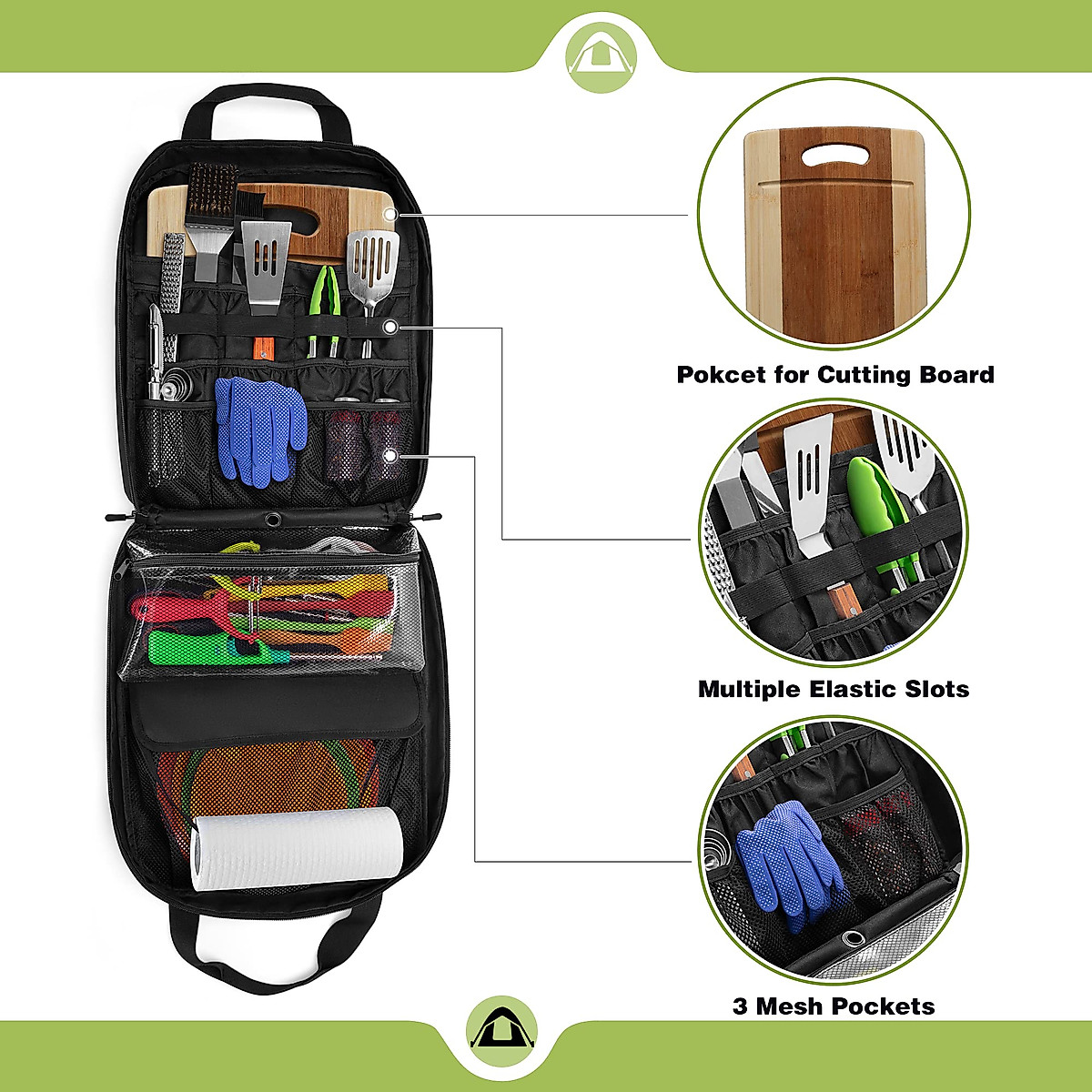 HODRANT Hanging Camp Utensil Organizer with Towel Paper Holder, Portable Camping Kitchen Cookware Bag for Knives, Forks, Spoons & More, Outdoor Cooking Tools Storage Box for Travel & Hiking, Bag Only