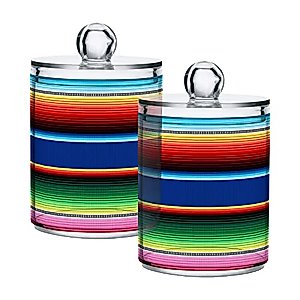 Kigai 2 Pack Mexican Serape Blanket Stripes Qtip Holders Dispenser Bathroom Vanity Organizers Clear Plastic Apothecary Jars with Lids for Cotton Ball, Cotton Swab, Cotton Round Pads, Floss