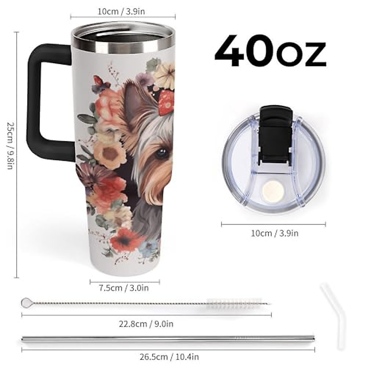 WYUSPGK 40oz Stainless Steel Car Mug, Yorkie Floral Print Travel Mug, Double-Wall Insulated with Straw, Perfect for Car, Office, Outdoor
