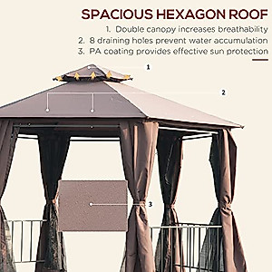 Outsunny 13' x 13' Patio Gazebo, Double Roof Hexagon Outdoor Gazebo Canopy Shelterwith Netting & Curtains, Solid Steel Frame for Garden, Lawn, Backyard and Deck, Coffee