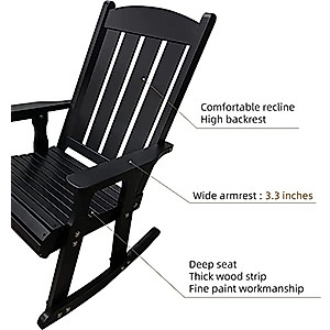 Wooden Rocking Chair with Comfortable Backrest Inclination, High Backrest and Deep Contoured Seat, Solid Fir Wood, Heavy Duty 600 LBS, for Both Outdoor and Indoor, Backyard, Porch and Patio (Black)