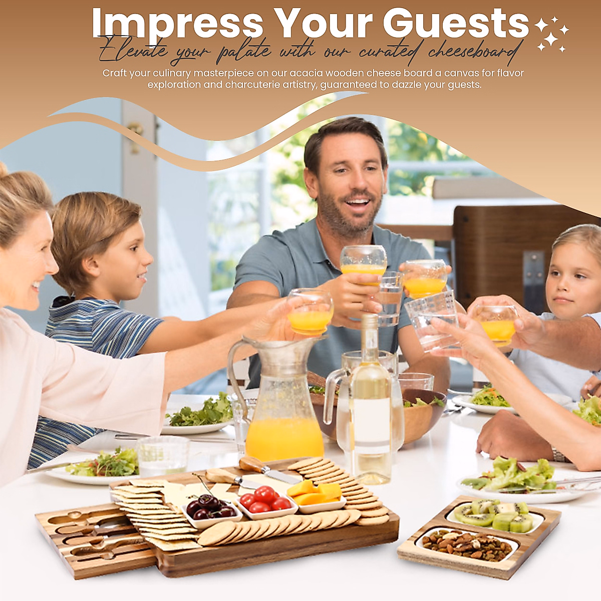 Giate 2 Drawer Acacia Wood Cheese Board |Charcuterie Boards Gift Set - Elegant for Mom - Chauratri Board Set & Knife Set -Charcuterie Board Large House Warming Gifts New Home