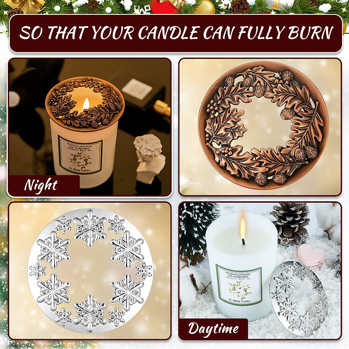 Moxweyeni 2 Pieces Candle Toppers to Burn Evenly Scented Jar Candles Cover 2.85 Inch Leaf Pine Candle Topper Lids Jar Candle Accessories Sleeves Gifts for Christmas Candles Party Favor(Chic Style)