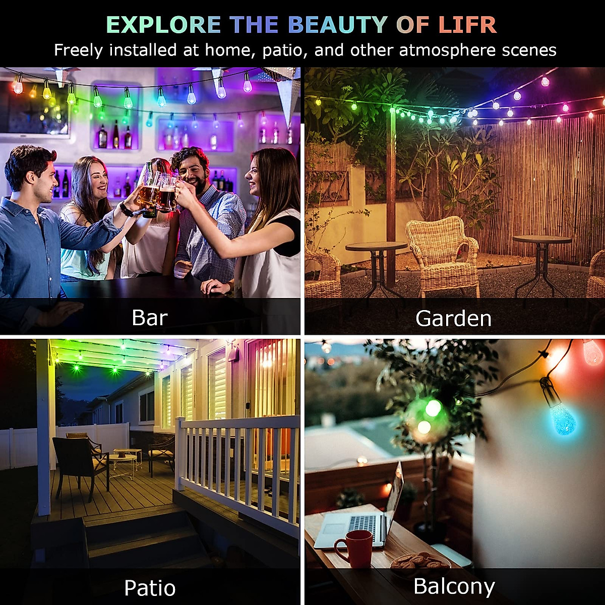 WENSEN Outdoor String Lights, 49FT 25 Bulbs Patio Lights Color Changing with Remote & App Control, IP65 Waterproof, Shatterproof Acrylic Led String Lights for Outside, Patio, Garden, Backyard, Party