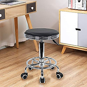 KKTONER Round Rolling Stool with Foot Rest PU Leather Height Adjustment Modern Industrial Metal Style Swivel Spa Salon Tattoo Work Massage Stools Small (Black)