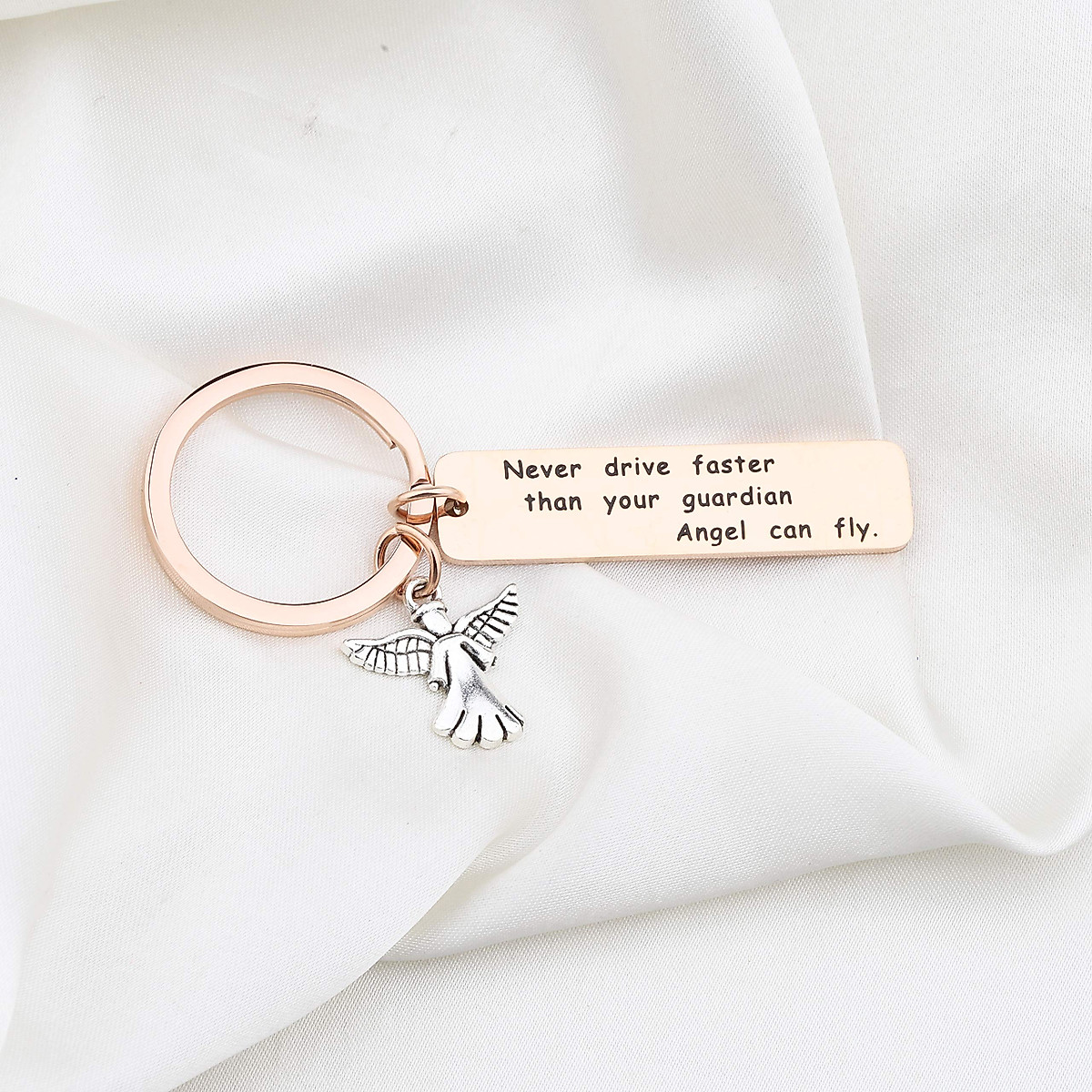 PLITI Never Drive Faster Than Your Guardian Angel Can Fly Keychain Guardian Angel New Driver Driving License Key Chain Father’s Day Gift (ECI Never drive RG)