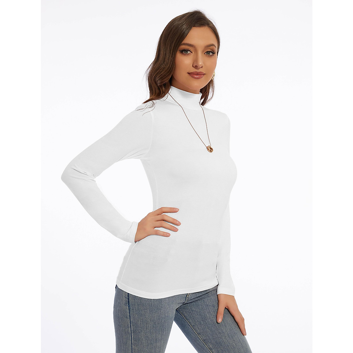Long Sleeve Turtle Necks for Women Going Out Slim Fit Basic Casual Tee Tops Thermal Underscrub Clothing(White, Large)