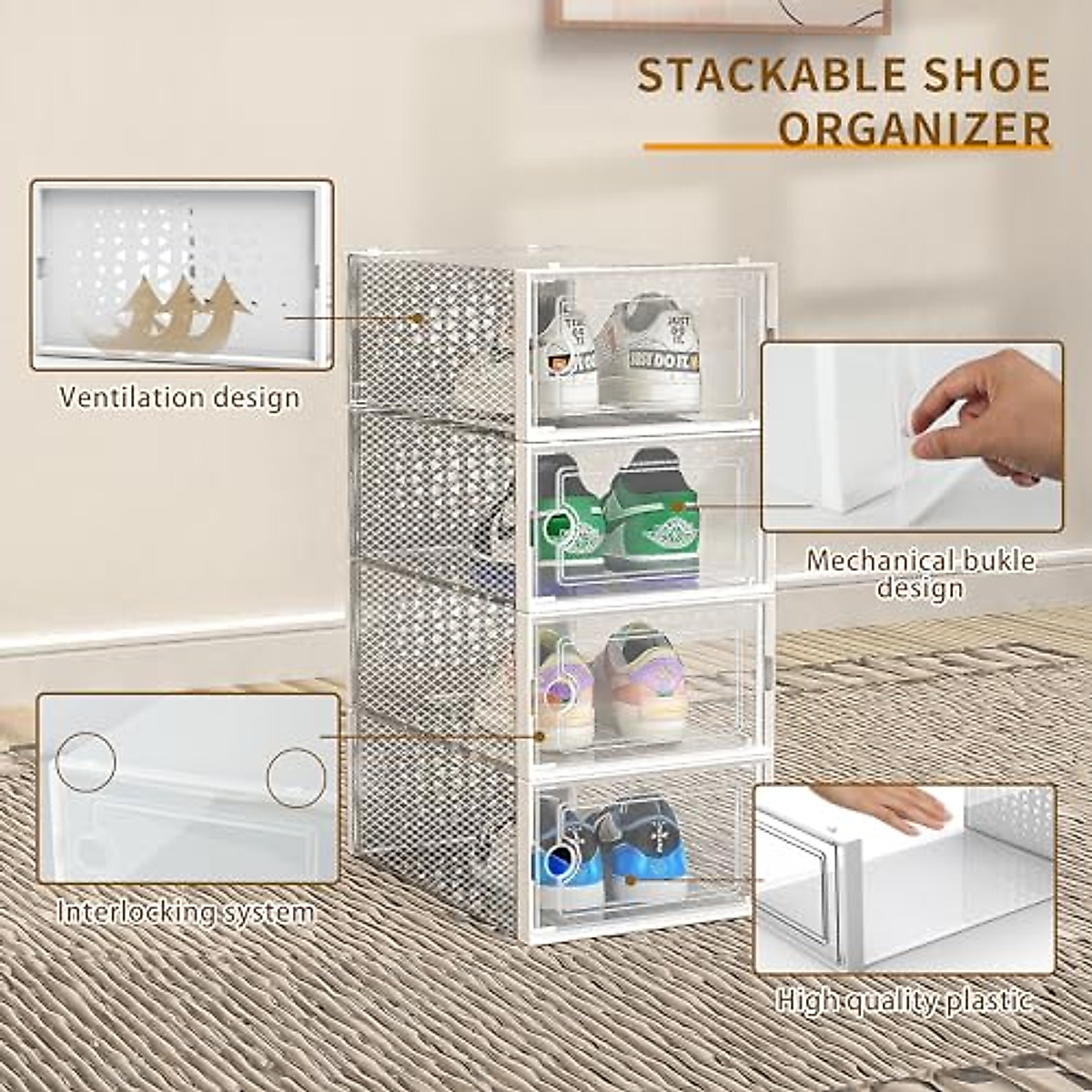 Hrrsaki Large 12 Pack Shoe Storage Organizer Boxes, Shoe Boxes Clear Plastic Stackable, Shoe Organizer for Closet, Plastic Shoe Boxes with Lids, Shoe Containers for Entryway, Bedroom, White