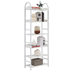 Merax Bookshelf, 6-Tier Bookcase with 4 Hooks, 70.8 Inch Tall Industrial Wood Storage Rack, Arched Open Shelves for Home Office, Living Room, Bedroom, Kitchen