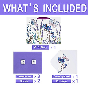 13" Large Purple Gift Bag Set with Greeting Card and Tissue Paper (Lavender and 3D Butterfly) Women's Birthday, Girls Party, Mother's Day, Wedding