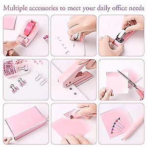 Pink Desk Accessory Kit Cute Office Supplies Set Desktop Stapler Set Includes Staple Remover Hole Punch Tape Dispenser Ballpoint Pen Scissor Mini Box Cutter Tape Measure Paper Clips Sticky Notes
