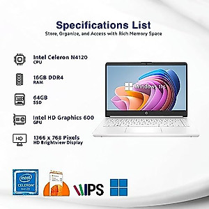 HP Stream 14" HD Thin and Light Laptop, Intel Celeron N4120, 16GB RAM, 64GB eMMC Storage, Long Battery Life, HD Webcam, HDMI, White, Office 365 1-Year, Windows 11 S, 128GB Cuertns MicroSD