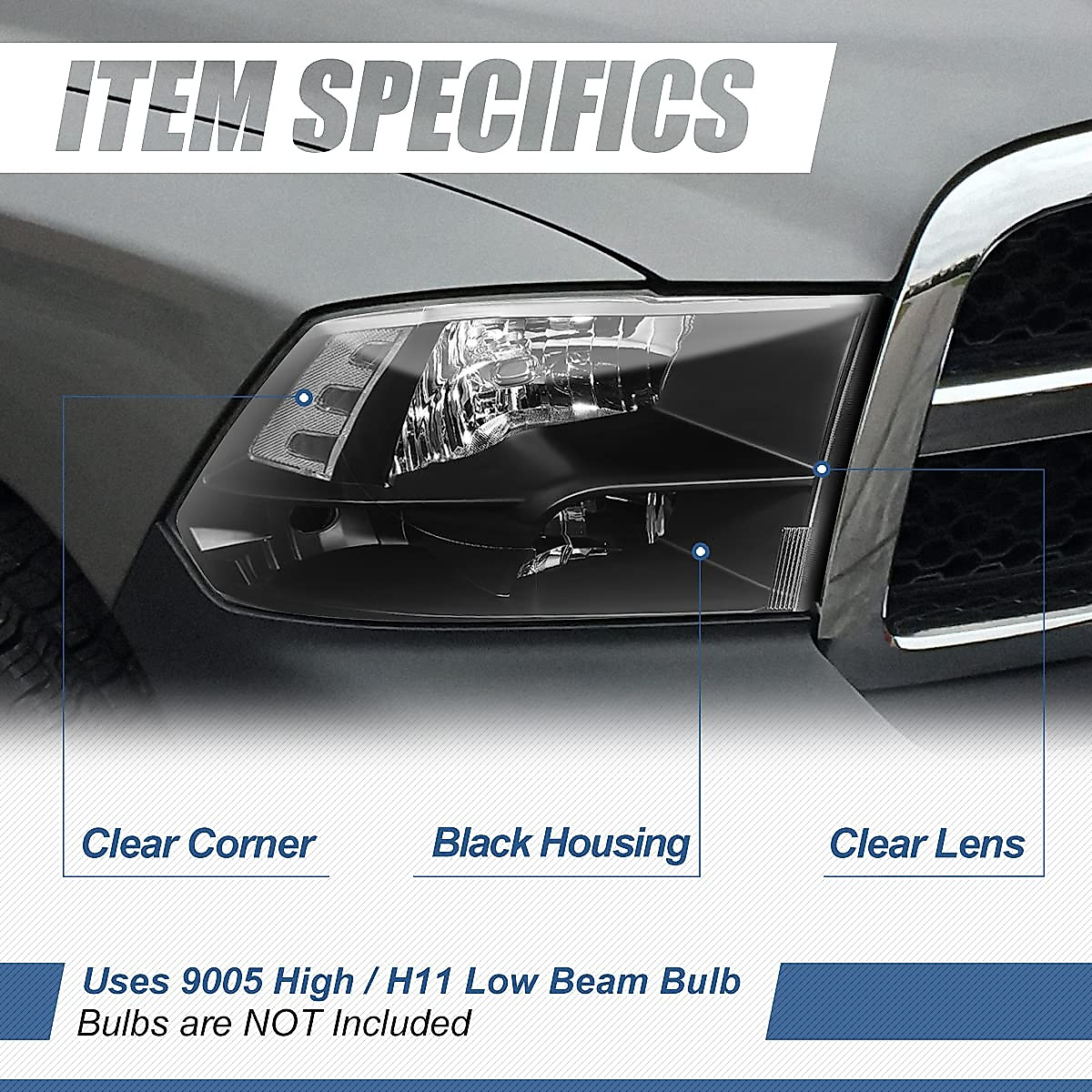 Auto Dynasty Quad Halogen Headlights Assembly Compatible with Dodge Ram 1500-5500 (New Body Style) 2009-2018, Driver and Passenger Side, Black Housing Clear Corner