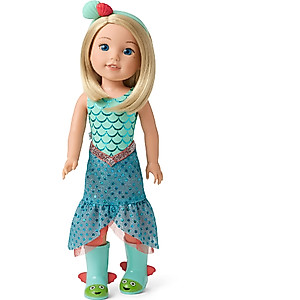 American Girl WellieWishers 14.5-inch Camille Doll with Blue Leotard, Mermaid Skirt, Headband, and Boots, For Ages 4+