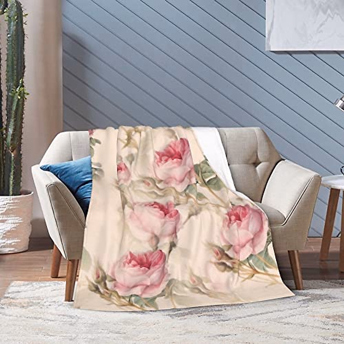 Ruoruo Roses Plants Retro Flowers Red Pink Pattern Fleece Blanket Throw Lightweight Blanket Super Soft Cozy Bed Warm Blanket for Living Room/Bedroom All Season,Gift,60"x50"