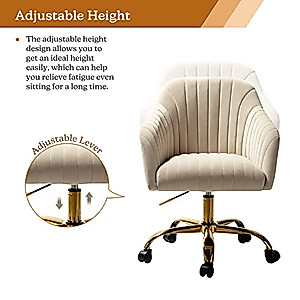 HULALA HOME Velvet Home Office Desk Chair, Modern Cute Computer Task Chair, Wheels Swivel Height Adjustable Upholstered Vanity Chair for Women, Girls (Gold Base, Tan)