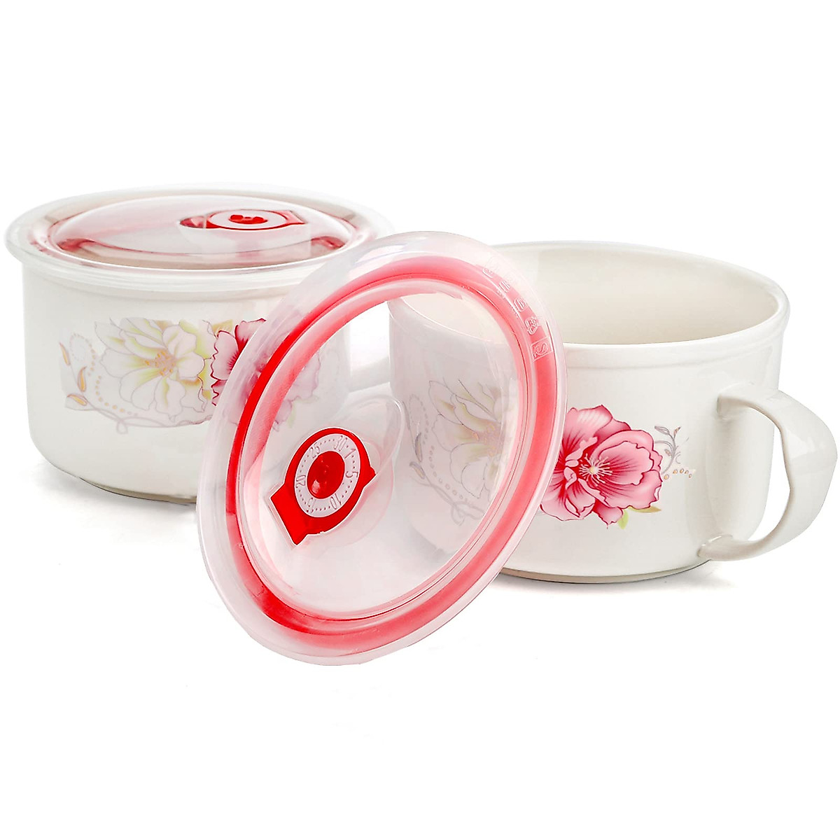 Frcctre 2 Pack Microwavable Ceramic Noodle Bowl Set with Lid and Handle, 27 Oz Ceramic Soup Bowl Set for Instant Noodle, Ramen, Soup, Cereals, Oat, Fruits, Snacks, Rose Pattern