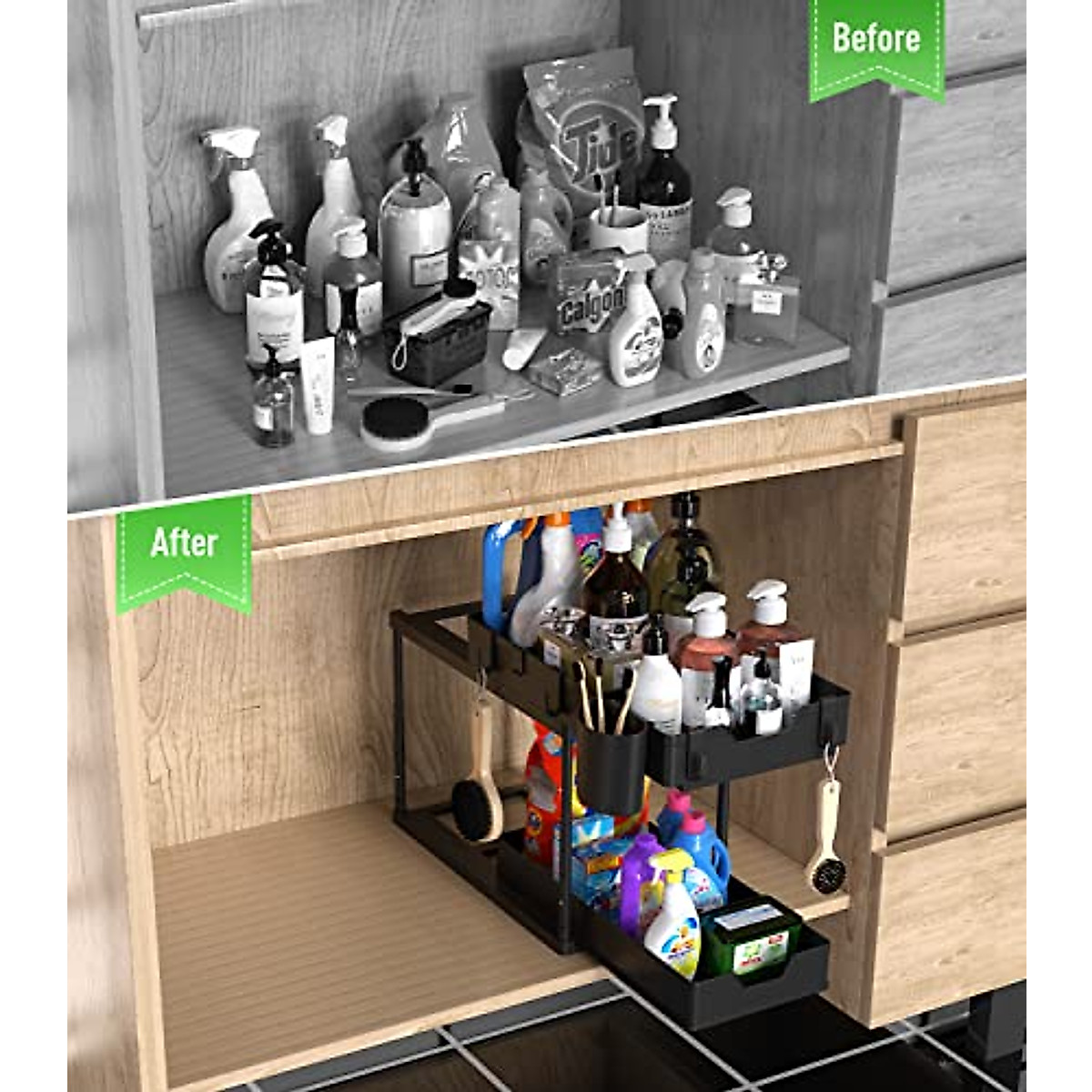 Mastom Under Sink Organizer, 2 Tier Sliding Cabinet Organizer Drawer, Adjustable Height Pull Out Cabinet Organizer with Hooks, Hanging Cup, Dividers, Under Sink Storage for Kitchen Bathroom, Black