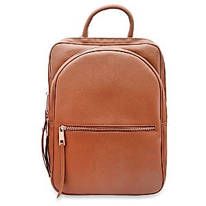 Steeltime Unisex Super Soft Premium Vegan Leather Travel Backpack with 6 Compartments a Built In Mirror and Luggage Adaptable (Brown)