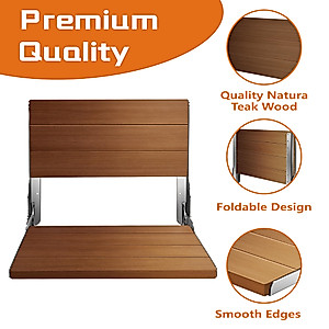 Teak Shower Bench 20'', Folding Shower Chair Wall Mounted, Wood Folding Shower Seat, Teak Shower Bench for Inside Shower, 500 lbs Capacity, Silver