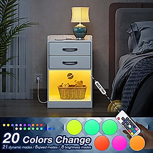 Seventable Nightstand with Charging Station and LED Lights, Modern Design End Side Table with 2 Drawers, Nightstand Open Compartment for Bedroom, White