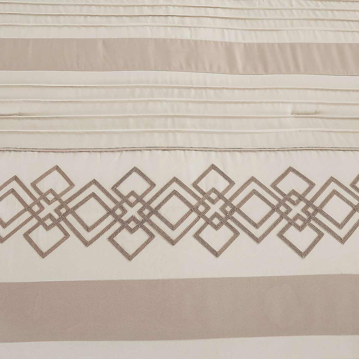 Chezmoi Collection Ariel 7-Piece Taupe Geometric Chenille Embroidery Pleated Striped Comforter Bedding Set, California King Size