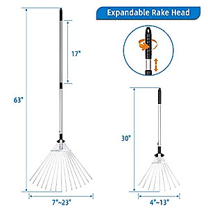Decorlife 2-Pack Adjustable Yard Rake Set, Include 15-Tine 63" Rake and 9-Tine 30" Rake, Extendable Handle and Adjustable Head, Multipurpose Garden Leaf Rake Kit