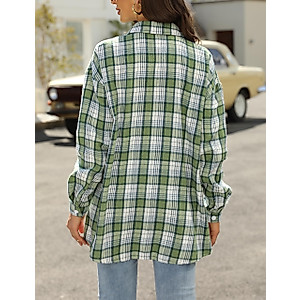 HangNiFang Flannel Plaid Shirts for Women Oversized Button Down Shirts Blouse(0768-LightGreen-L)