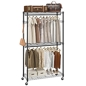 VEVOR Heavy Duty Clothes Rack, Rolling Clothing Garment Rack with 3 Storage Tiers, 2 Rods and 2 Pairs Side Hooks, Adjustable Height Clothing Rack Closet for Hanging Clothes, 400 Lbs Load Capacity