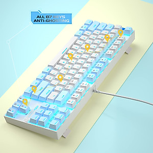 MageGee 75% Mechanical Gaming Keyboard with Red Switch, LED Blue Backlit Keyboard, 87 Keys Compact TKL Wired Computer Keyboard for Windows Laptop PC Gamer - White/Blue
