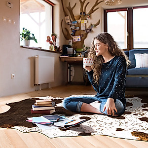 Rostyle Faux Cowhide Rug 3.6 x 2.3 Feet, Cute Cow Hide Rug for Living Room Bedroom Western Home Decor Faux Fur Cow Print Rugs White and Brown