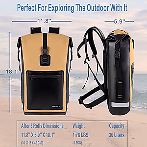 BRONZY Waterproof Backpack Dry Bag 30L Roll Top Closure With Front Zippered Pocket Heavy Duty Breathable Foam Padded Backing Heat Seal Finishing For Kayaking Camping Boating Hiking Beach (Khaki)