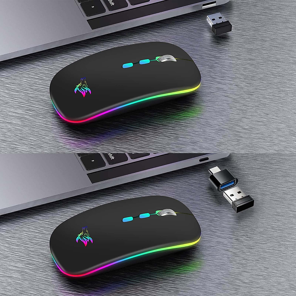 HOTLIFE LED Wireless Mouse, Slim Rechargeable Silent Portable USB Optical 2.4G Wireless Bluetooth Two Mode Computer Mice with USB Receiver and Type C Adapter (Black)