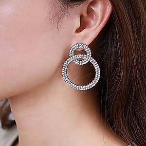 Sttiafay Vintage Crystal Circle Drop Earrings Double Circle Hoop Earrings Silver Cz Circle Dangle Earrings CZ Hollow Circle Earrings Jewelry for Women and Girls