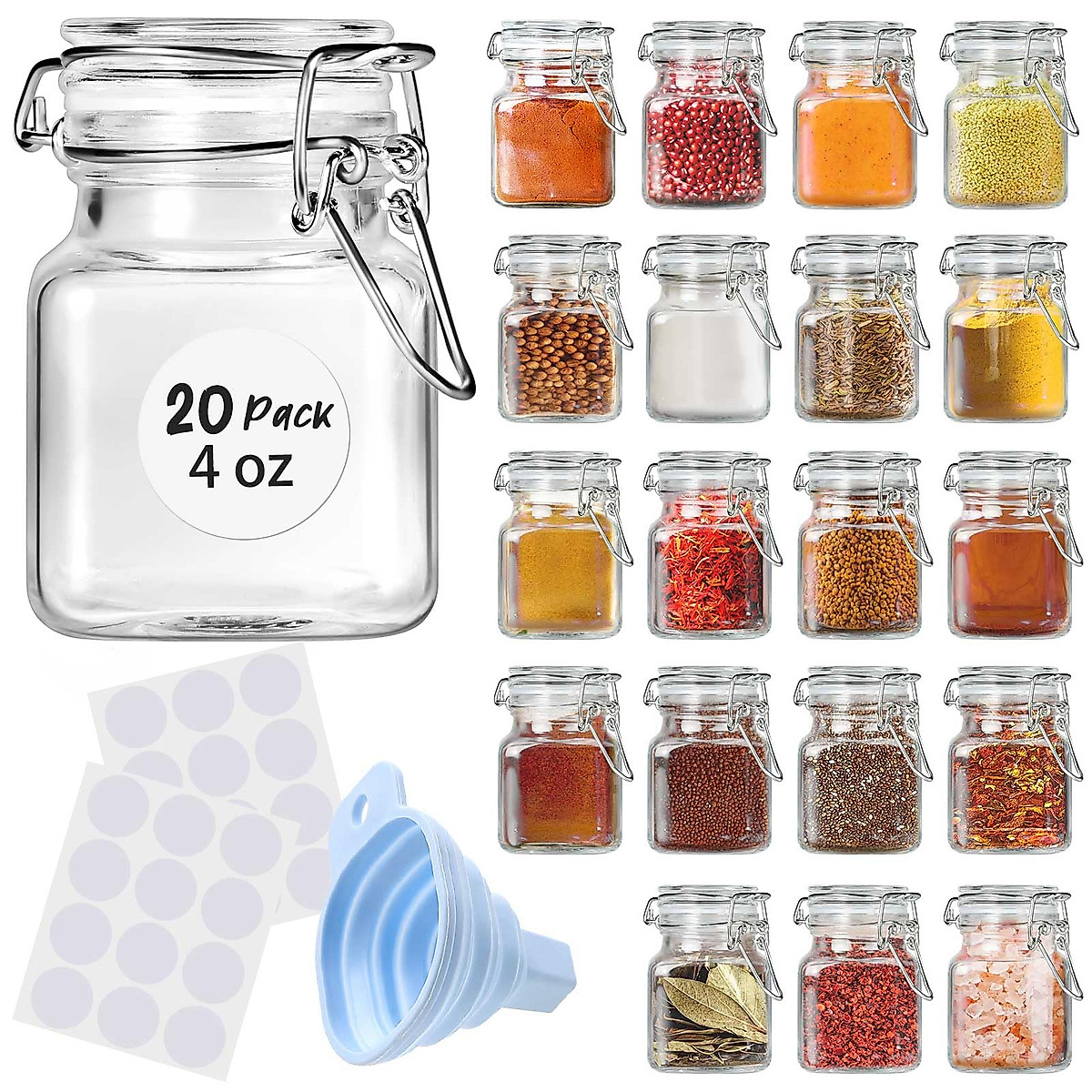 SKOCHE Spice Jars 20 Pack - 4 oz Small Glass Jars with Airtight Hinged Lids, Spice Herb Jars with Labels and Silicone Funnels, 4oz Glass Jars with Lids Ideal for Spice Herbs