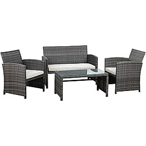 Shintenchi 4-Piece Patio Furniture Set, Outdoor Wicker Patio Conversation Furniture Set with Cushions and Tempered Glass Tabletop for Lawn Backyard Pool Garden,Beige