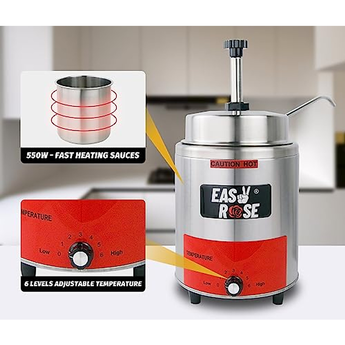 EASYROSE Nacho Cheese Dispenser Warmer 3.5 QT Electric Nacho Cheese Machine Stainless Single Head Hot Fudge Warmer with Pump for Cheese/Butter/Caramel/Sauce 120V 550W