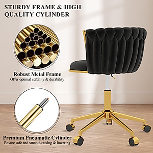 GOOLON Velvet Desk Chair, Modern Office Chair with Wheels, Home Swivel Vanity Armchair with Woven Back Comfy Height Adjustable Seat Sturdy Golden Metal Rolling Base for Makeup Bedroom, Black