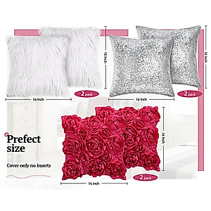 Oudain 6 Pcs Decorative 3D Rose Flower Pillow Cover, Faux Fur Throw Pillow Covers, 16 x 16 Inch Throw Pillows for Bed Soft Square Sofa Pillow Covers for Sofa Bedroom Car (Hot Pink)