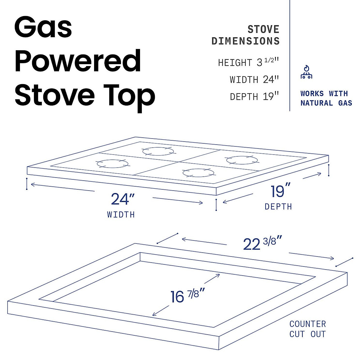 ABBA 24" Gas Cooktop with 4 Burners - Stainless-Steel Table Top with SABAF Aluminum Burners And Porcelain Surface, Home Improvement Essentials, Anti Spill & Easy to Clean, 24" x 3.5" x 19"